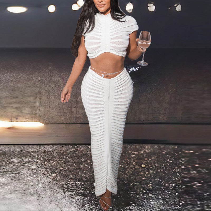Solid Sheer Mesh Short Sleeve Crop Top & Skirt Set Solid Sheer Mesh Short Sleeve Crop Top & Skirt Set