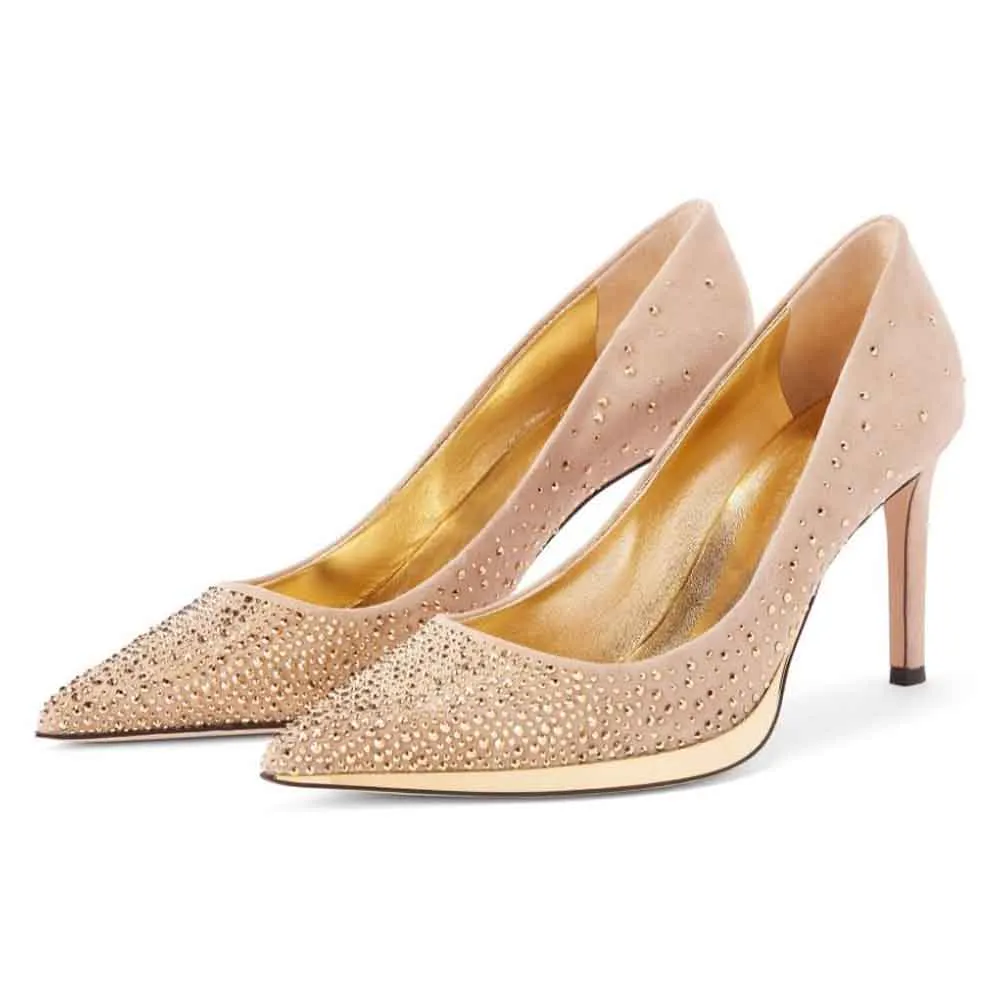 Beige Faux Suede Closed Pointed Toe Pumps With Stiletto Heels