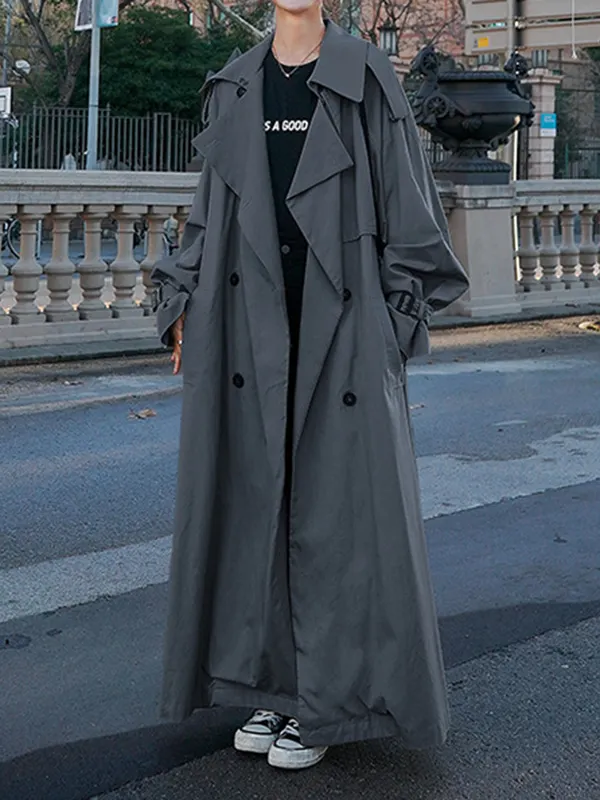 Buckle-Embellished Trench Coat with Split-Back and Lapel Collar