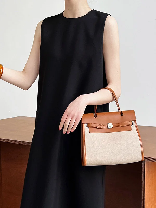 Elegant High-Waisted Midi Dress with Split-Back Design and Pockets"