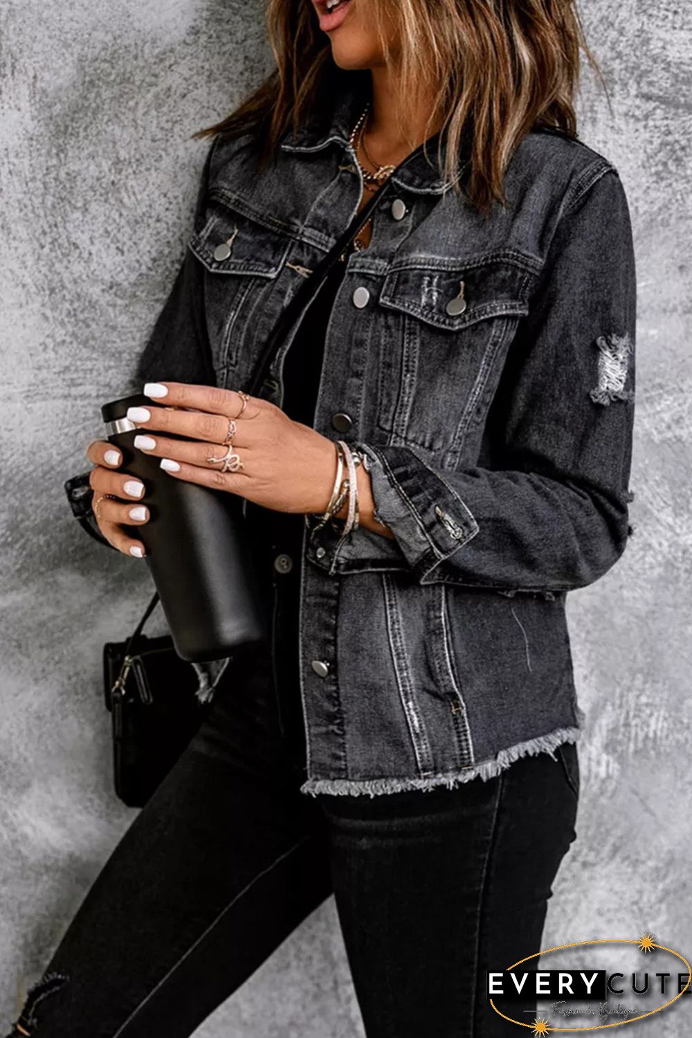 Wholesale Black Laser Etching Baseball Pattern Distressed Denim Jacket ...