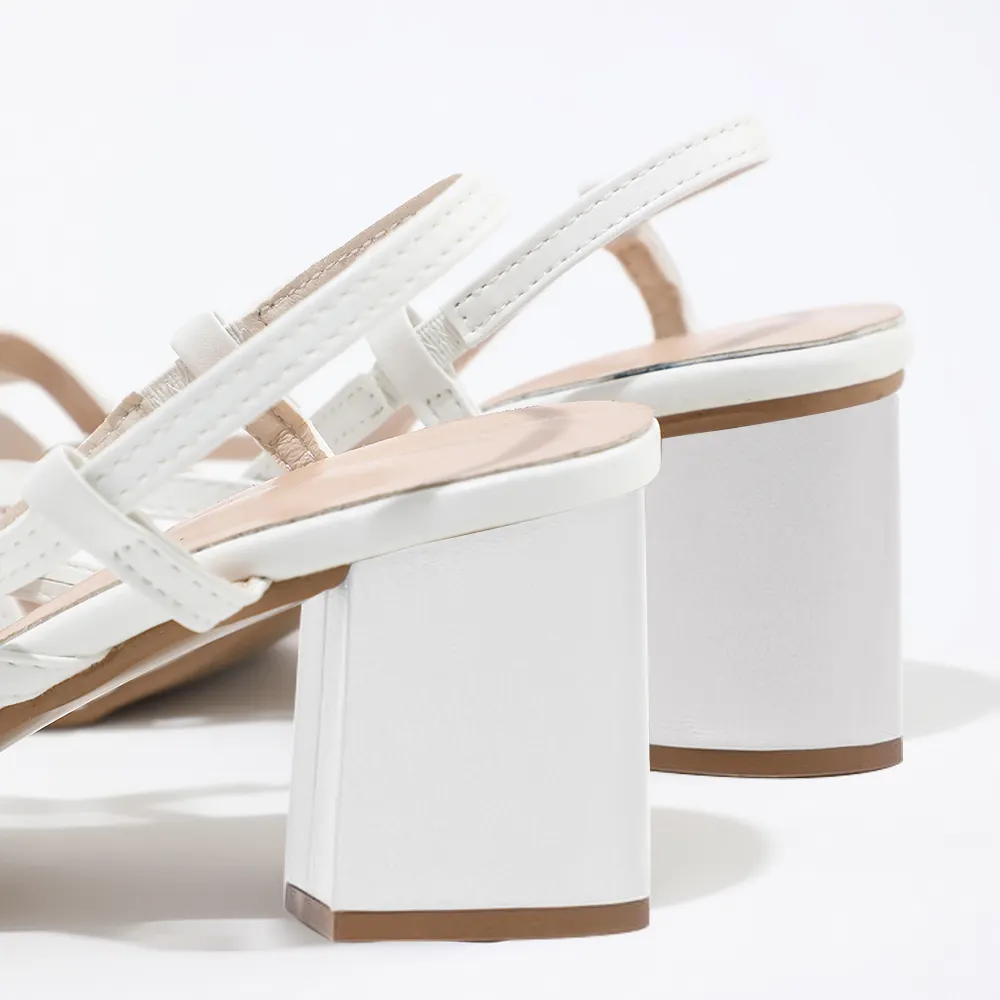 White Square Toe Chunky Heel Cut Out Slingback Pumps