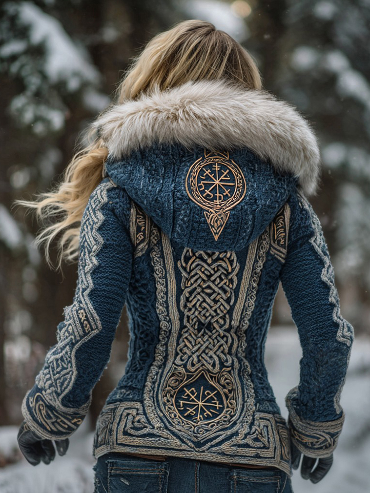 Women's Viking Retro Rune Celtic Knot Knit Hooded Fuzzy Sweater Jacket