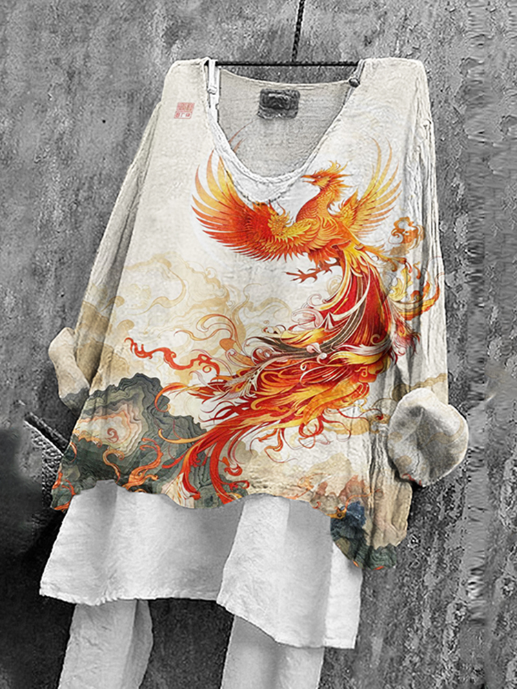 Japanese Style Flying Phoenix Art Pattern Linen V-neck Shirt