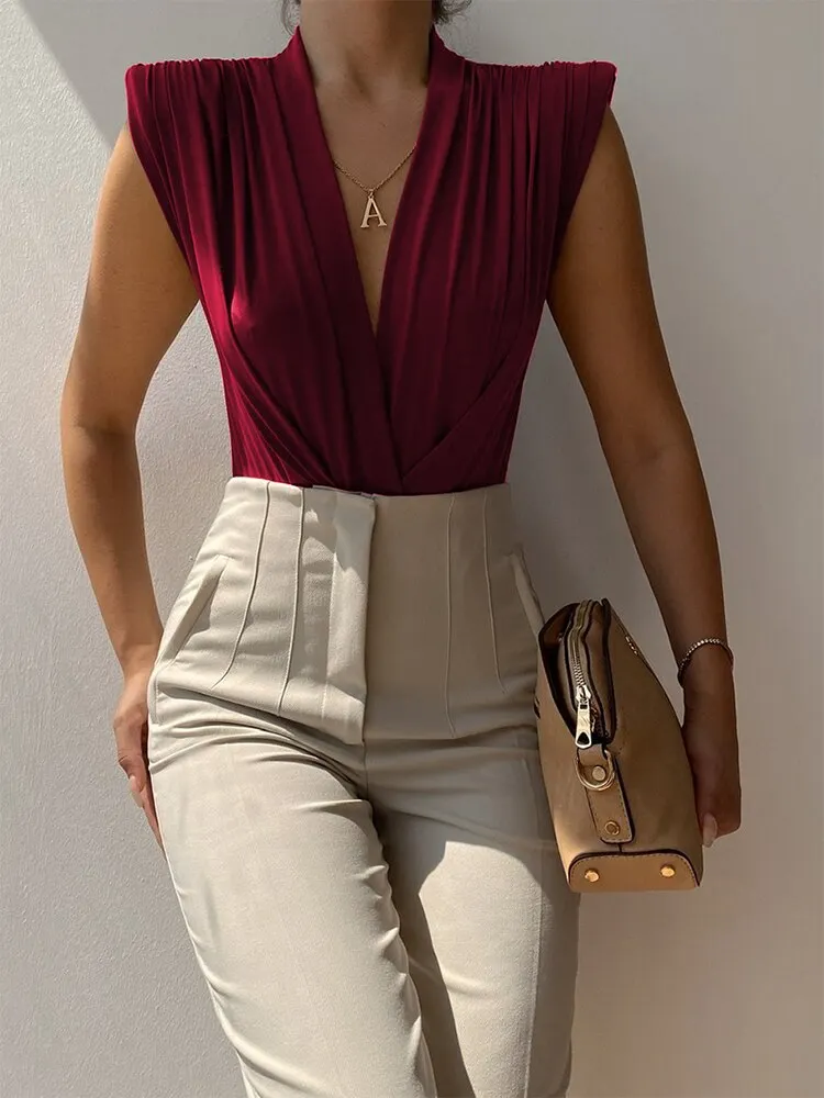 Uveng 2022 Summer V Neck Bodysuit with Shoulder Pads Women Sexy ...