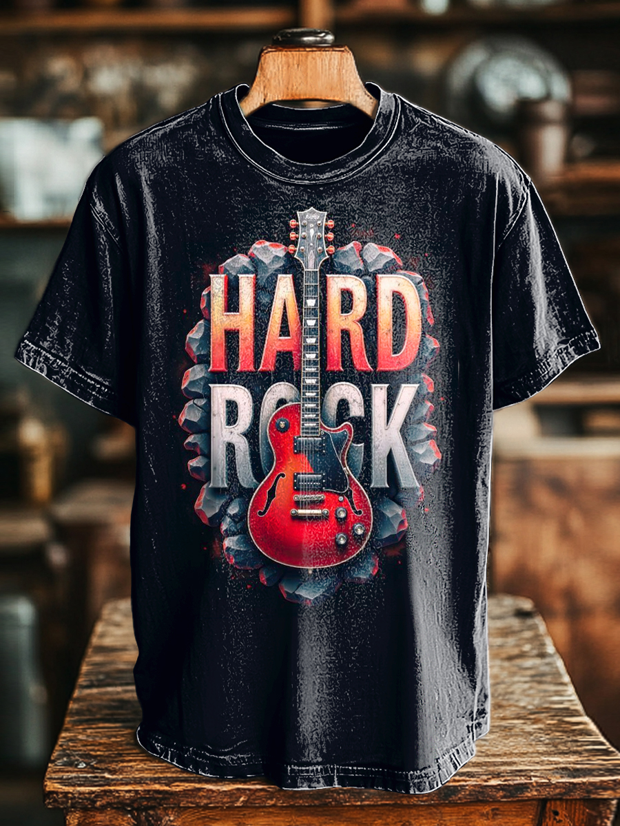 Unisex Retro Rock Guitar Hard Rock Print Casual Loose T-Shirt