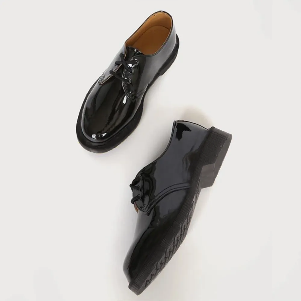 Full Black Patent Leatehr Oxford Shoes Low Chunky Minimalist Oxfords