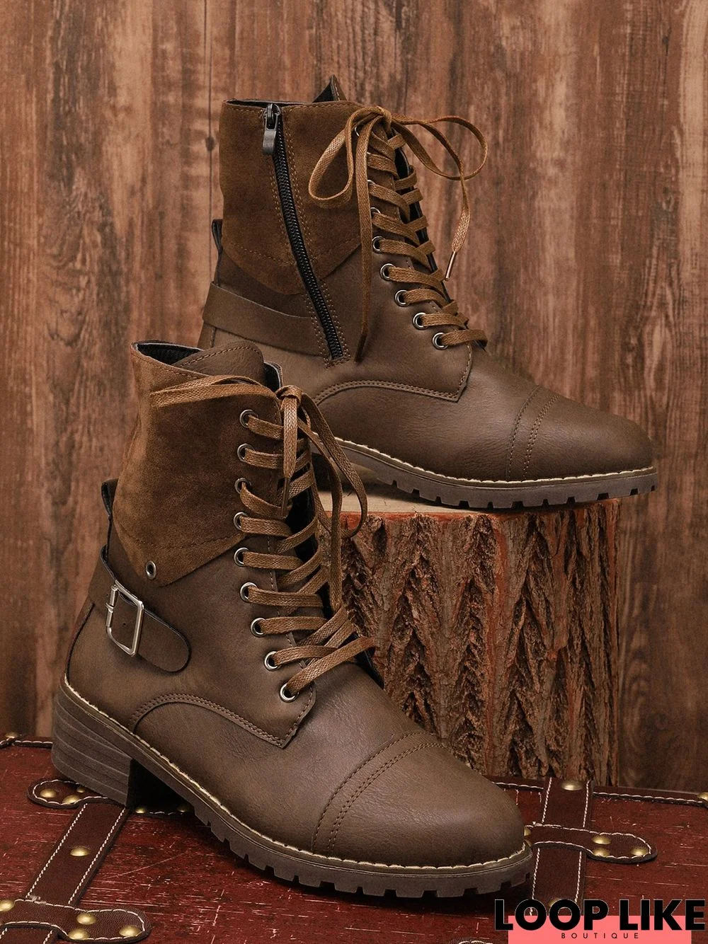 Retro Stitching Lace-up Zipper Boots