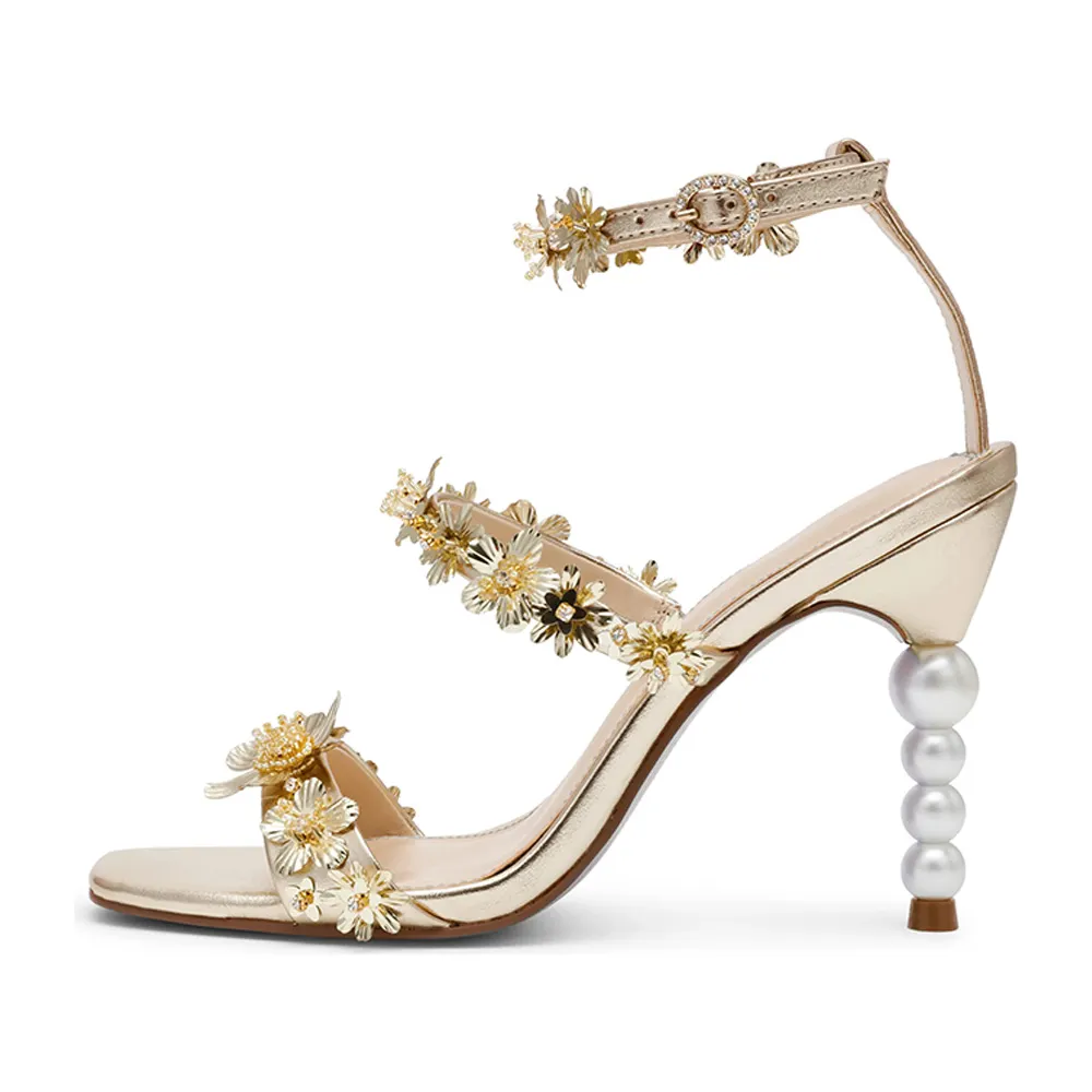 Square Toe Ankle Strap Sculptural Heel Gold Sandals with Flowers