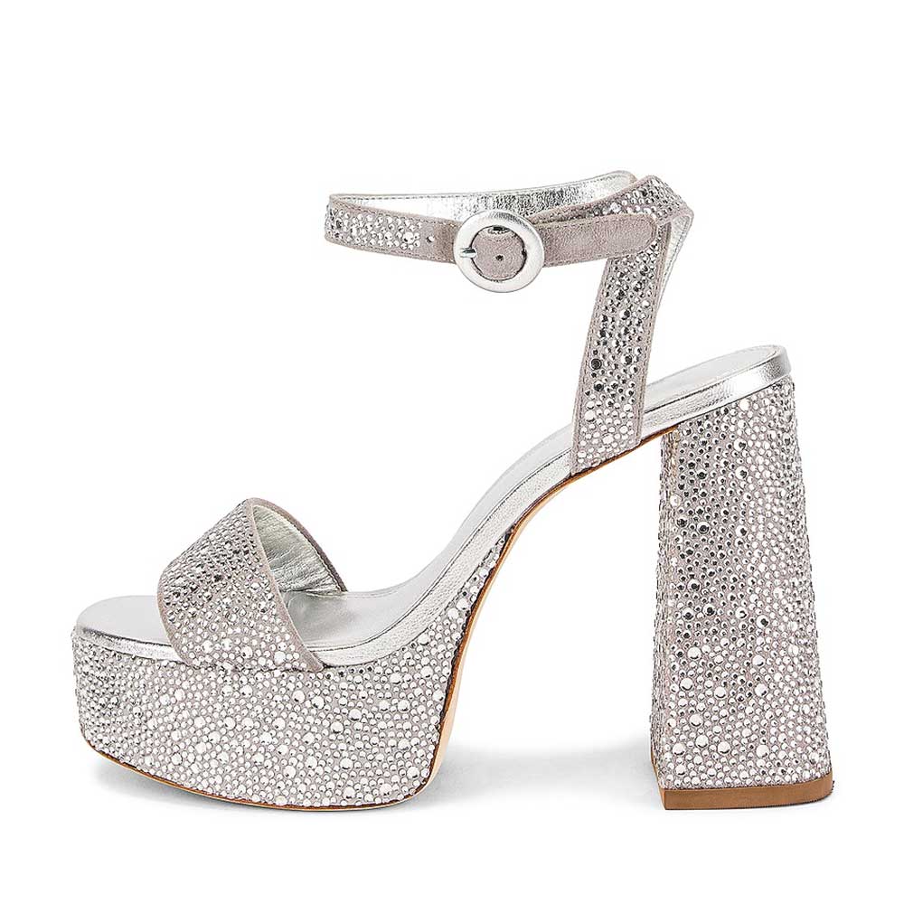 Silver Metallic Touch Rhinestone Embellished Platform Party Sandals
