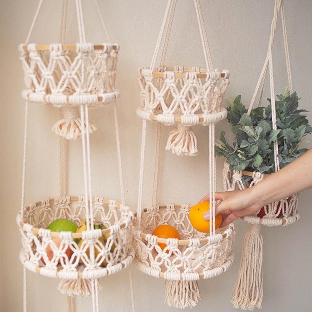 Multi Tier Hanging Basket Macrame Fruit Storage Container Organizer ...
