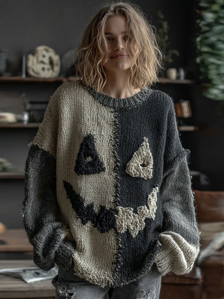Halloween Spooky Face Colorblock Stitched Cozy Knit Sweater
