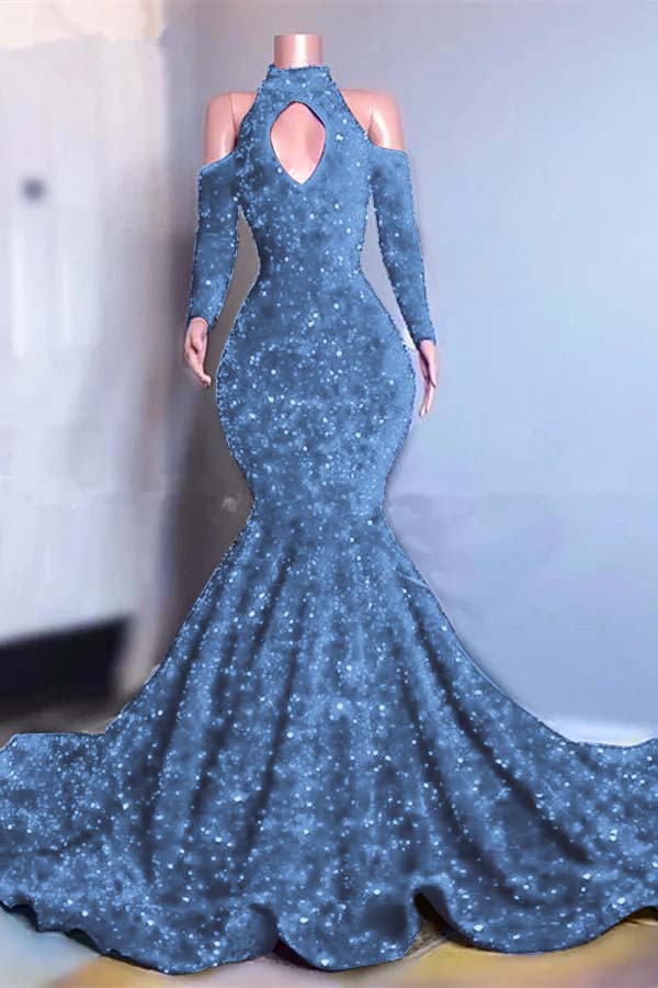 Daisda Long Sleeves Royal Blue High Collar Mermaid Long Prom Dress With Sequins