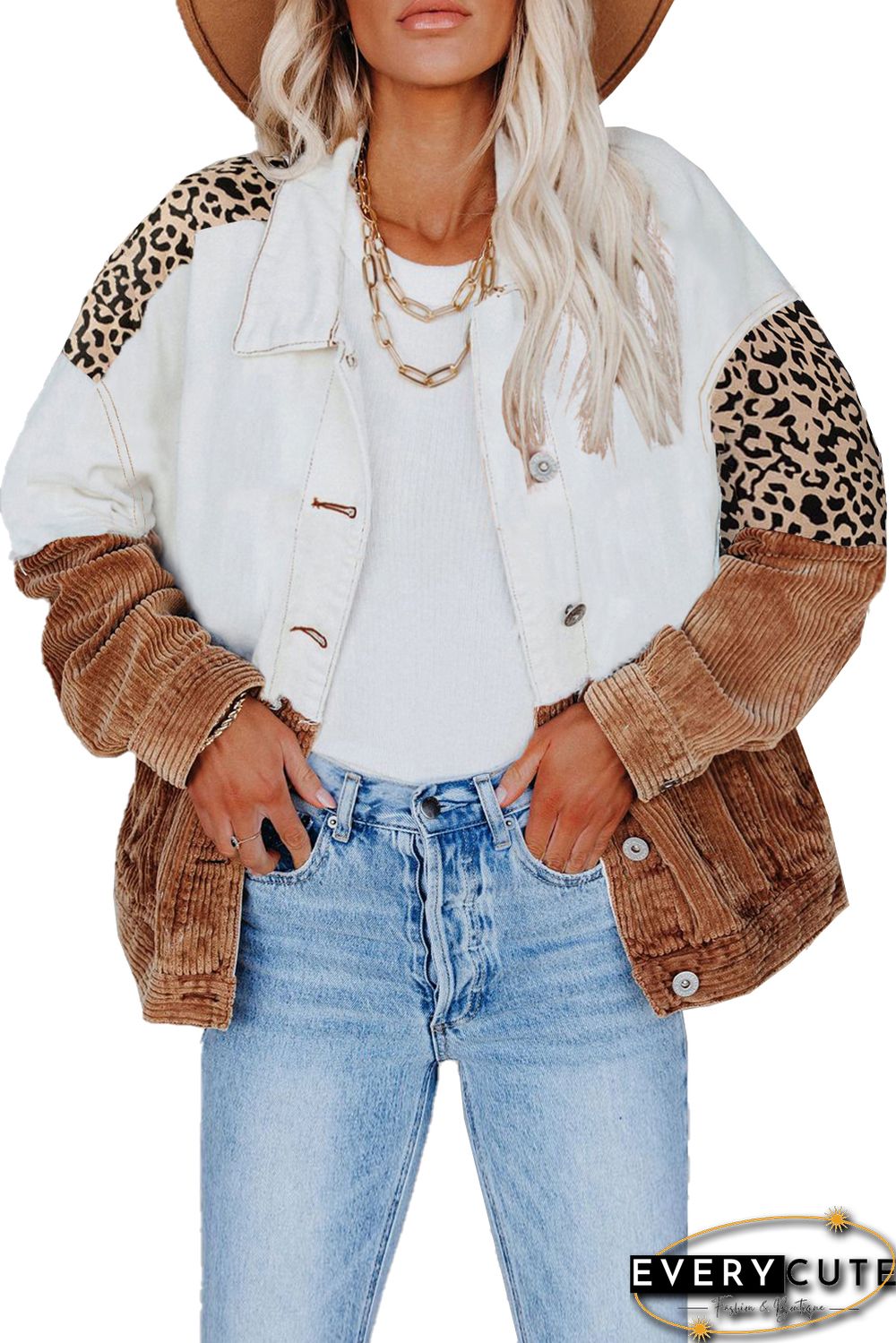 Wholesale Leopard Color Block Buttons Corduroy Jacket Online