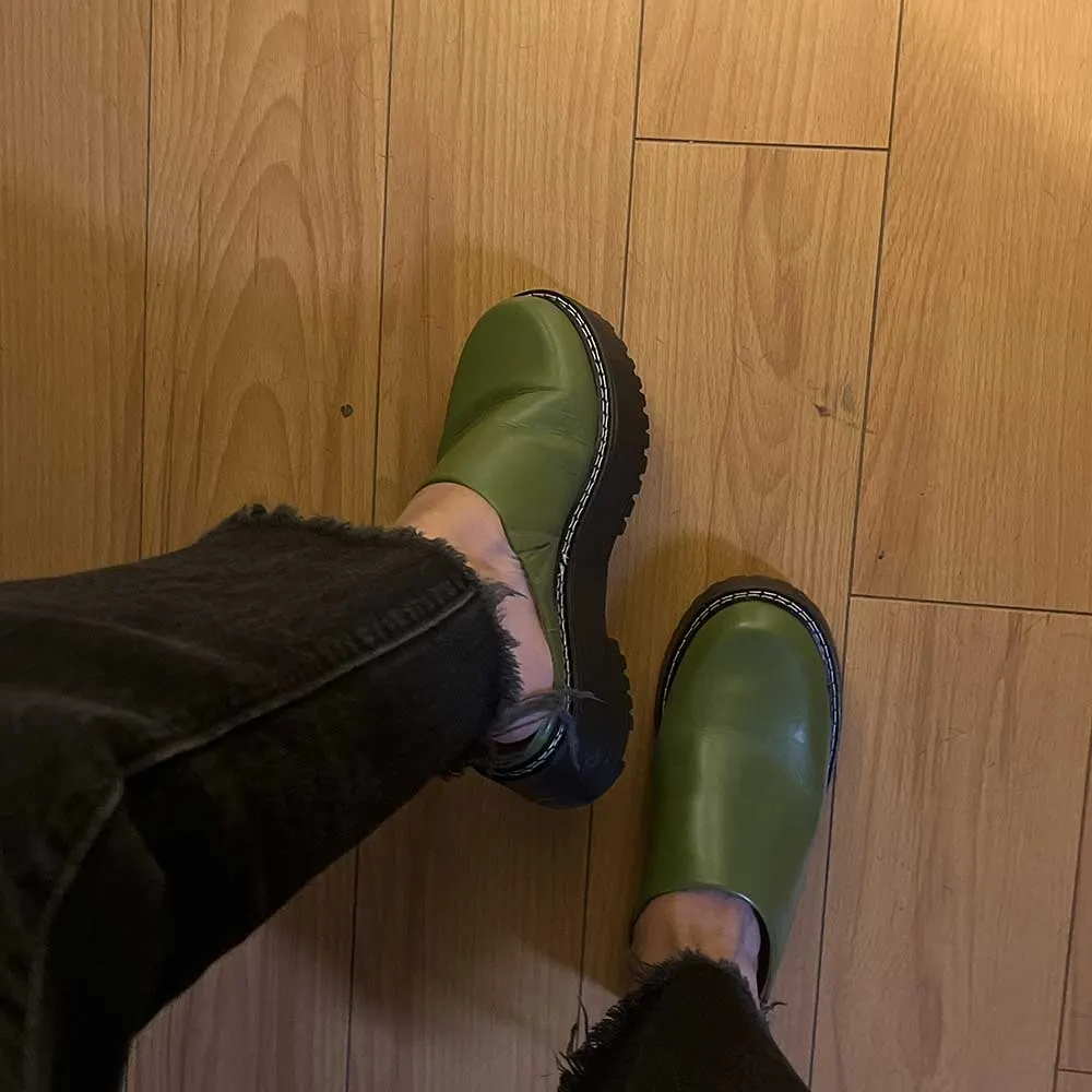 Green Round Toe Chunky Heel Lug Sole Platform Mules for Women