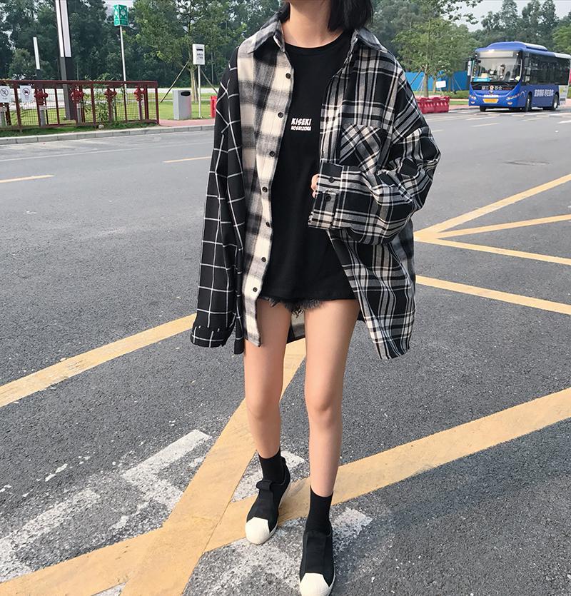 B&W COLOR MATCHING LONG SLEEVE PLAID SHIRT
