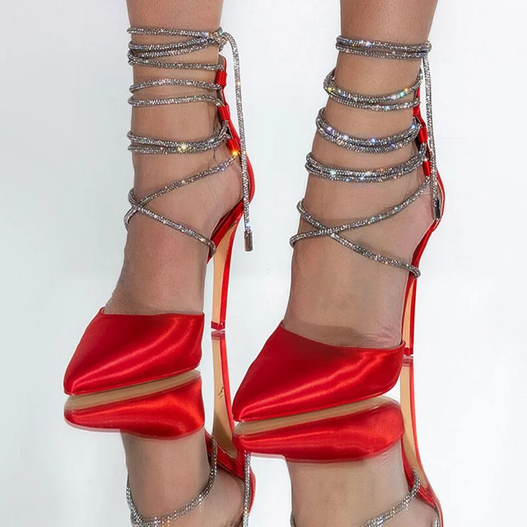 Red Wrap Satin Pointed Toe Stiletto Heel Pumps with Strappy Design Vdcoo