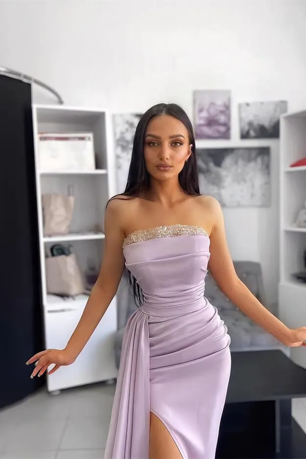 Daisda Purple Strapless Mermaid Side Split Prom Dress Ruffles With ...