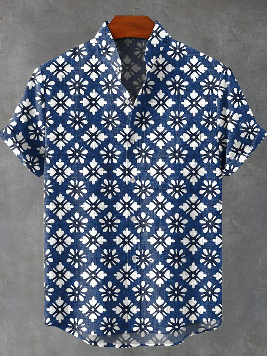 Vintage Dark Blue Japanese Pattern Art Print Casual 100% Cotton Shirt