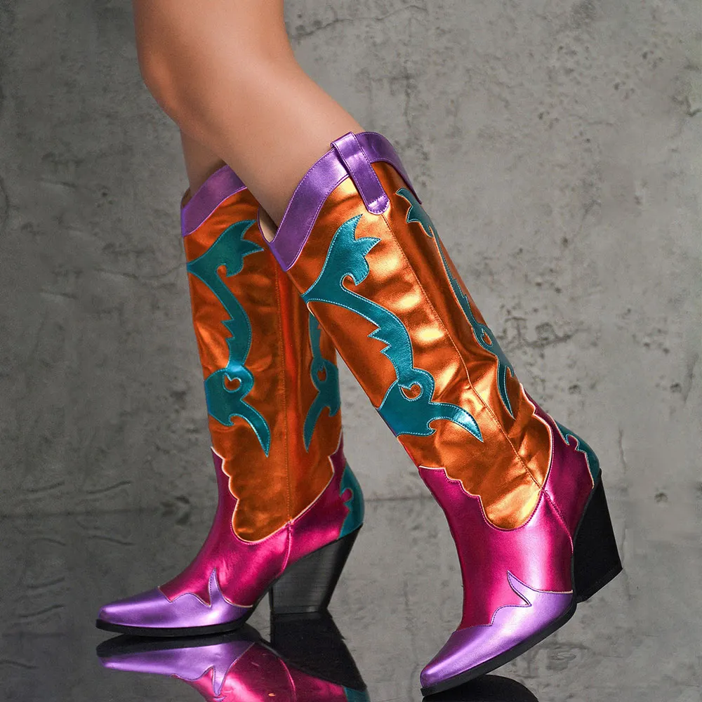 Multicolor Metallic Finish Patchwork Chunky Heel Knee Cowgirl Boots