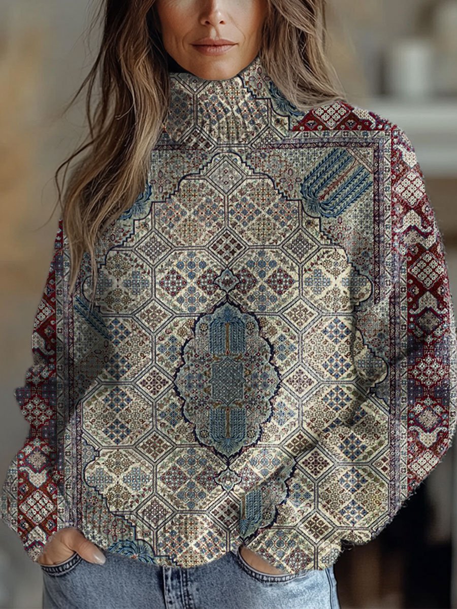 Vintage Symmetry Art Print Knit Turtleneck Pullover Sweater