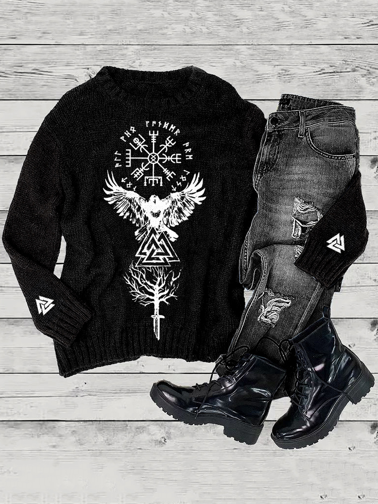 Vintage Viking Birds Runes Life Of Trees Art Cozy Knit Sweater