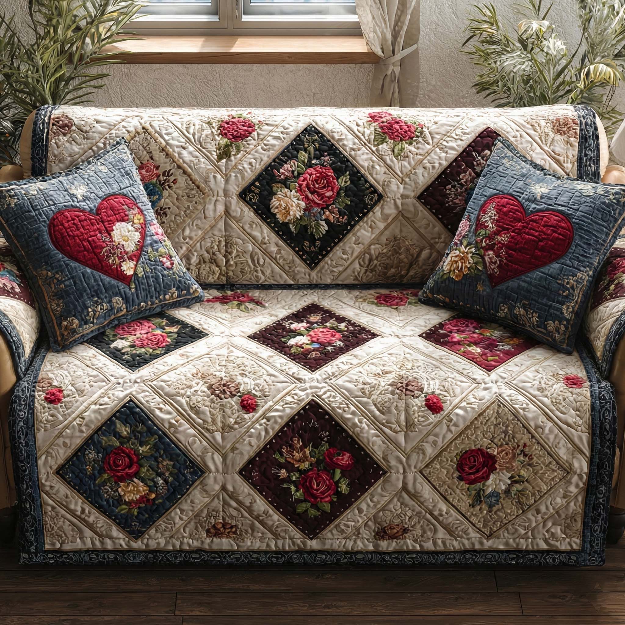Rustic Country Heart Quilted Sofa Cover NCU0XD2205