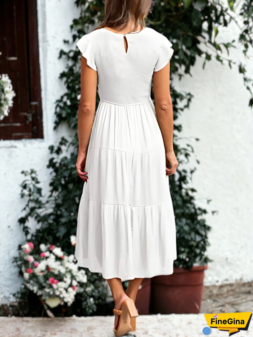 FineGina Shirred Ruffle Sleeve Midi Dress