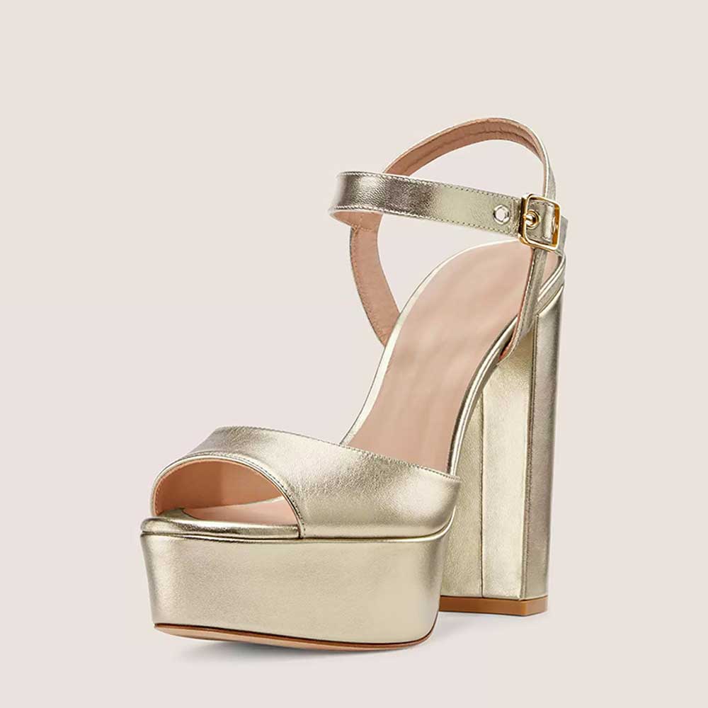 Gold Metallic Open Toe 5‘’ Chunky Heel Ankle Strap Platform Sandals