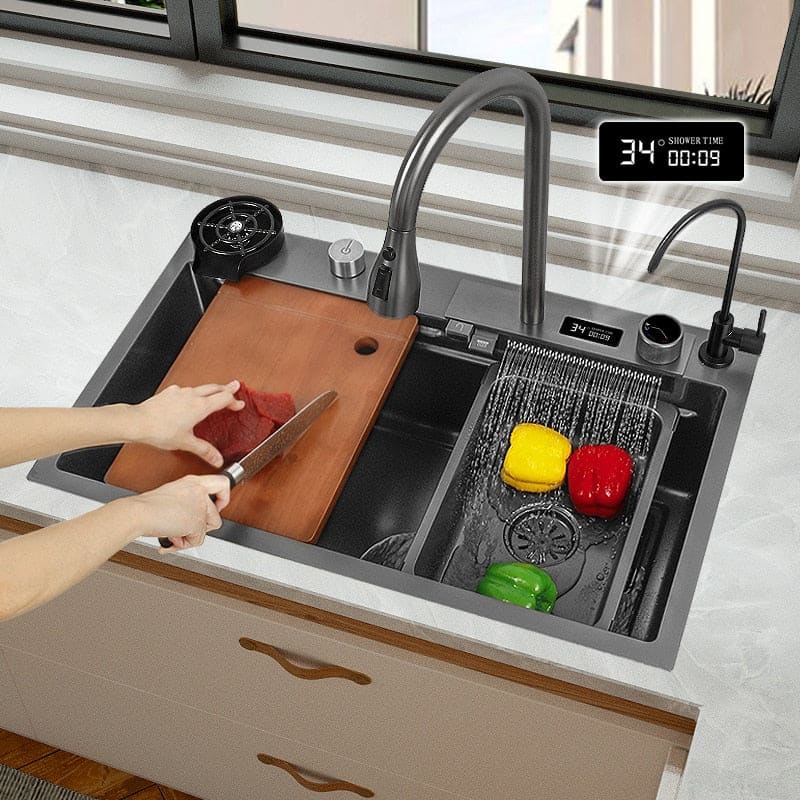 Waterfall Sink Kitchen 304 Stainless Steel Sink Large Single Slot With ...