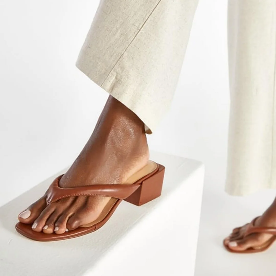 Brown Vegan Leather Open Square Toe Flip Flop Block Heel Slide Sandals