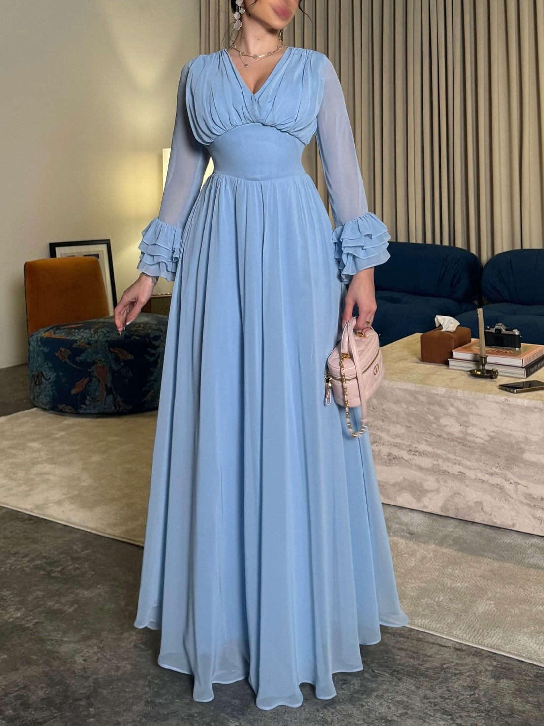 Elegant V-Neck Ruffled Long Sleeve Dress