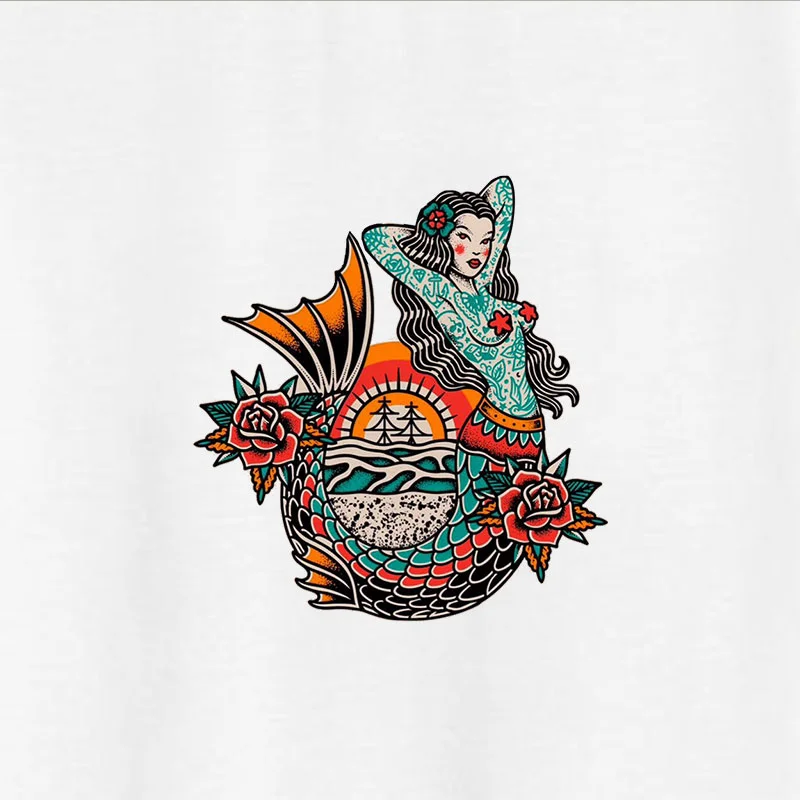 Mermaid with Roses Coastal Style White Print T-shirt