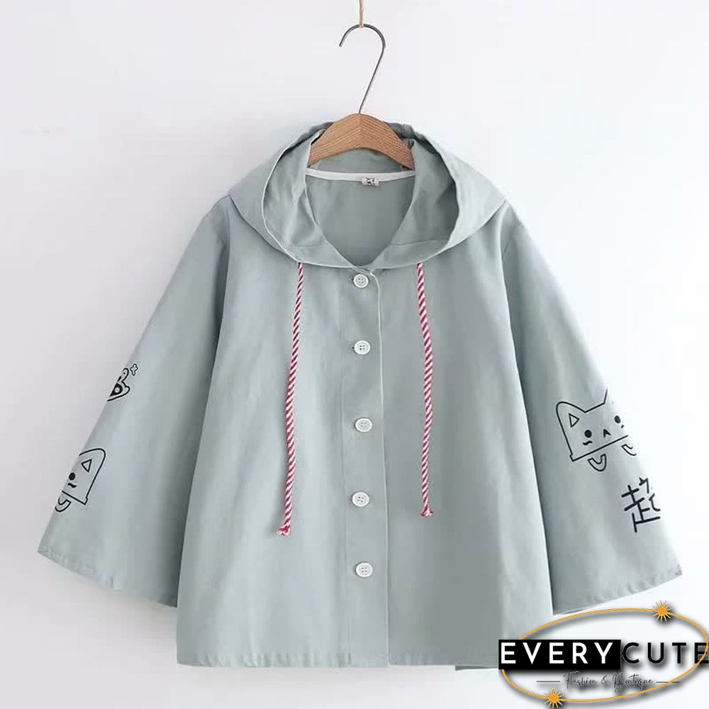 Japanese Kitty Print Cape Hooded Outerwear