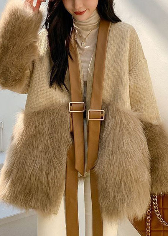 Classy Khaki V Neck Fuzzy Fur Fluffy Patchwork Leather And Fur Coat ...