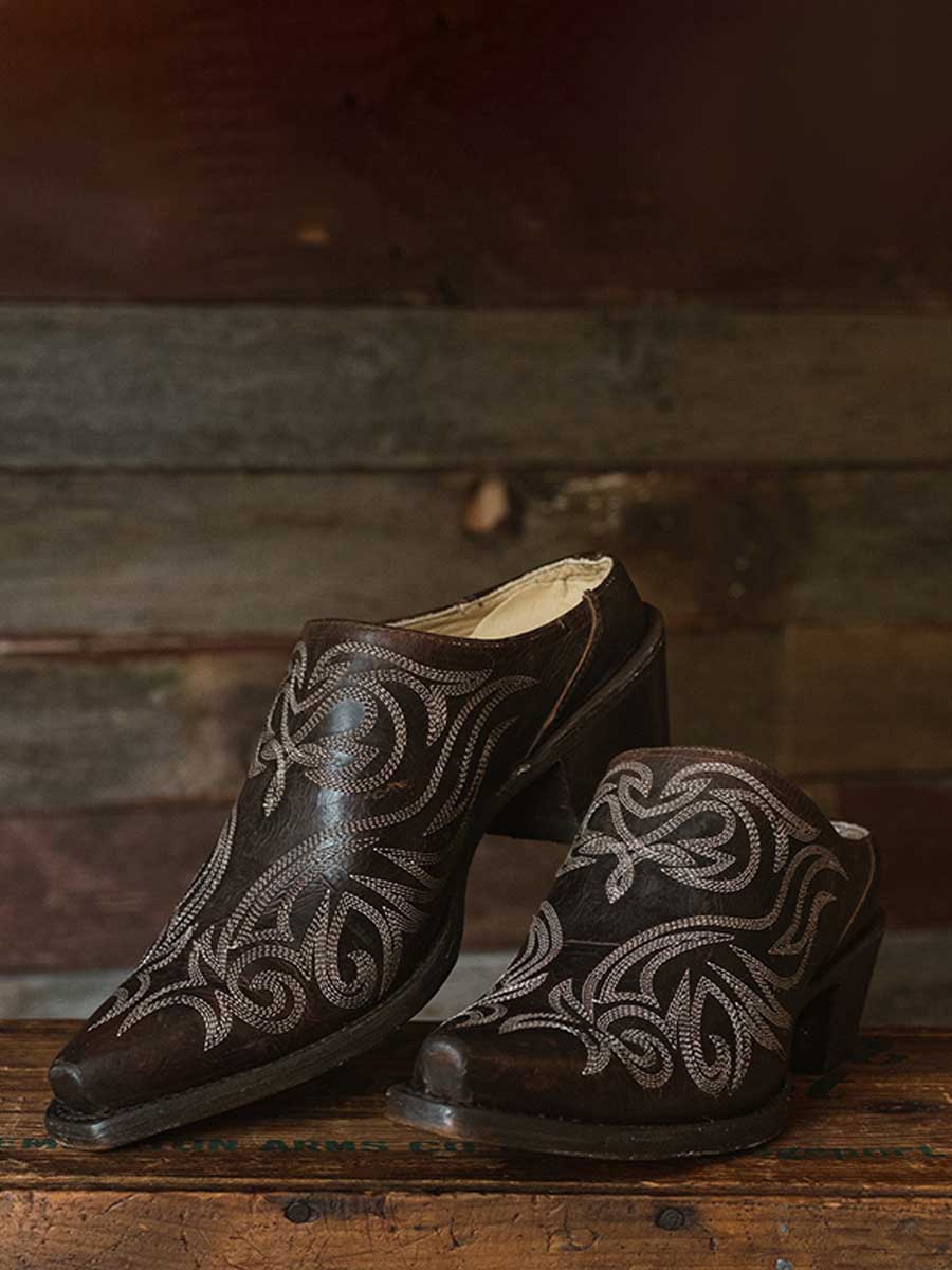 Brown Distressed Snip Toe Chunky Heel Embroidered Western Mules