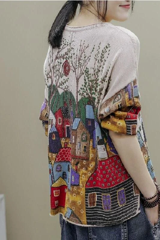 Split Hem Printed Half Sleeve Knitted T-Shirt