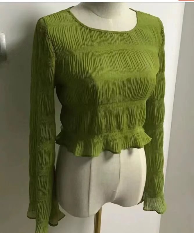 GREEN PLEATED LONG SLEEVE TOP