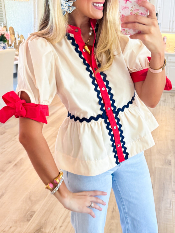 Ecru and Red Ric Rac Trim Top