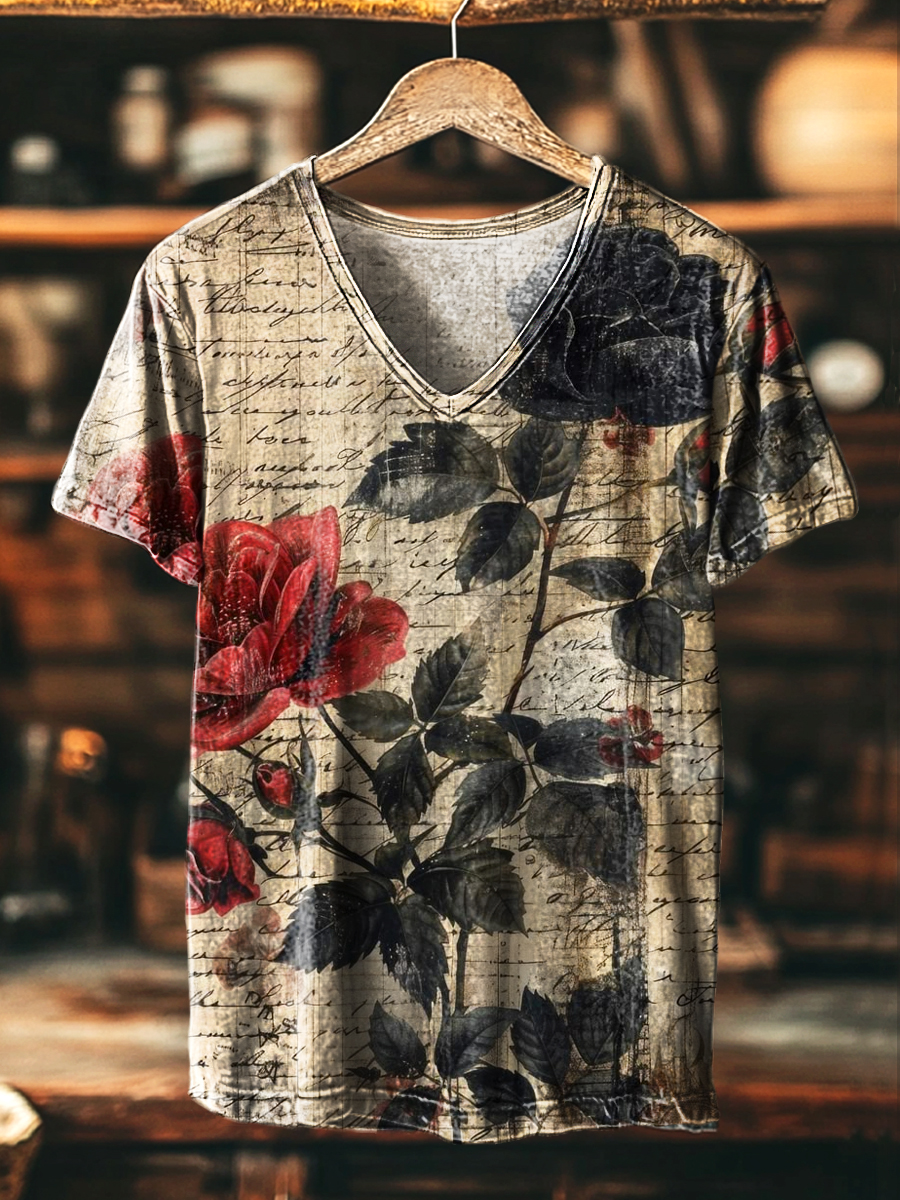 Vintage Newspaper Rose Art Print Casual V-Neck T-Shirt