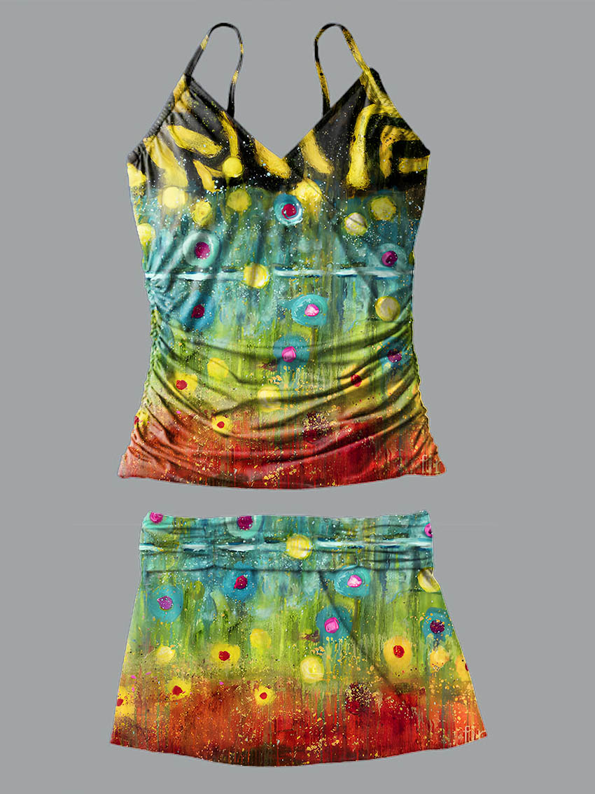 V-Neck Vintage Hippie Flowers Print Suspender Skirt Tankini Pantskirt ...