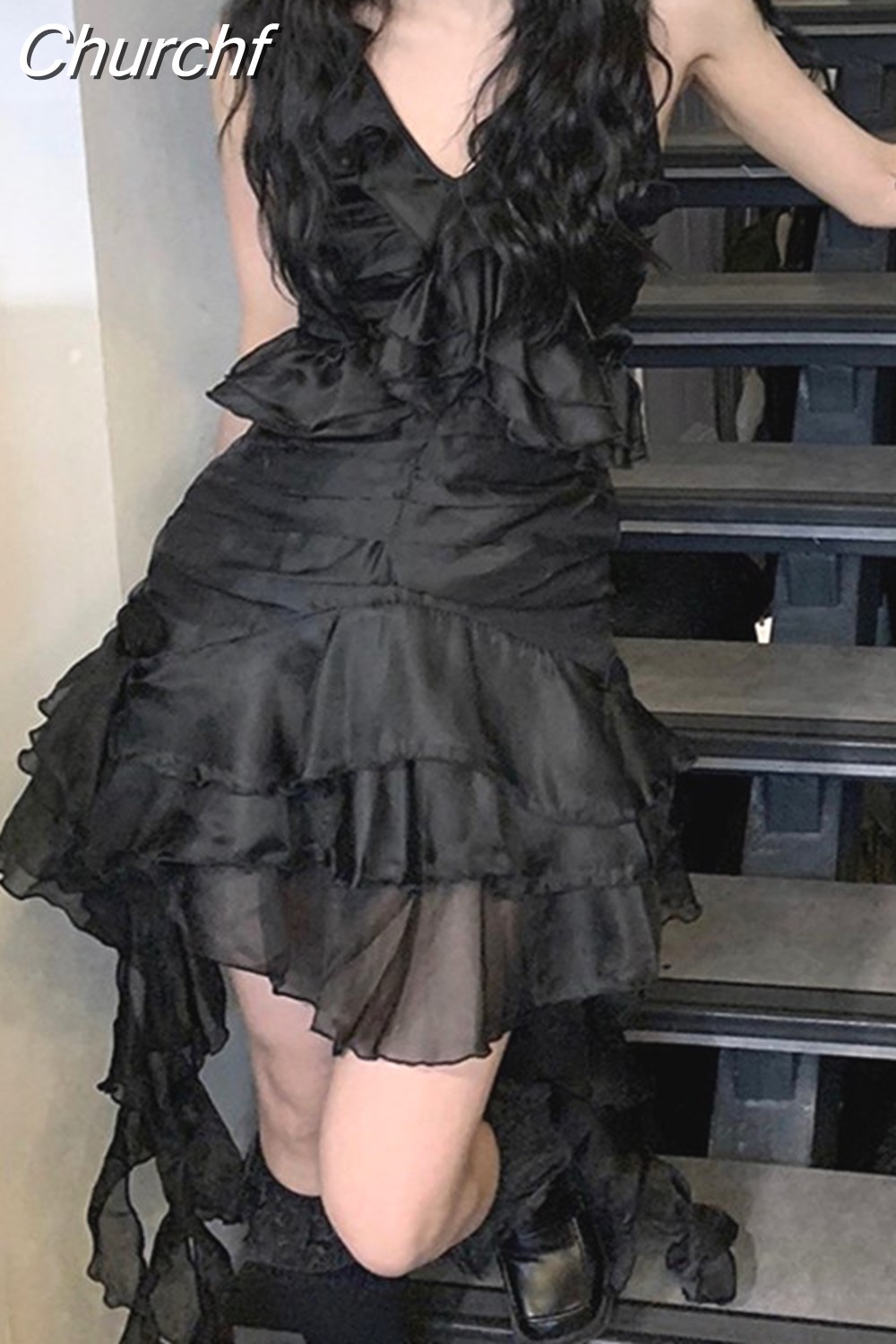Churchf Gothic Ruffles Dress Dark Aesthetic Grunge Mini Dress Irregular ...