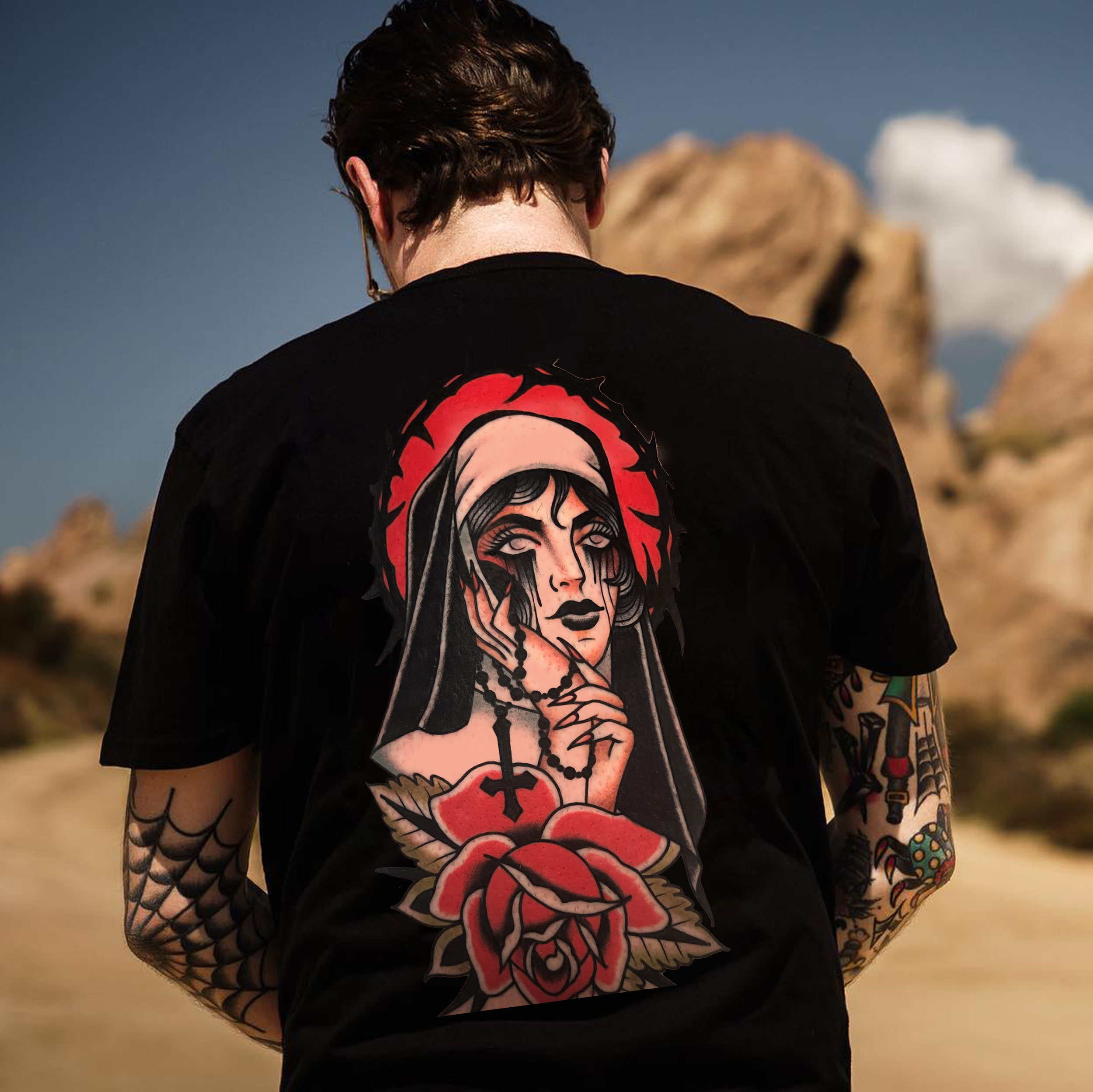 Nun with Roses Good Religion Black Print T-shirt