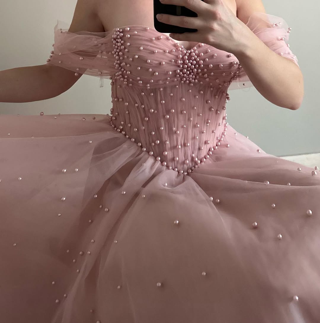Miabel Pink Pearls Beaded Off-The-Shoulder Mesh Sweetheart Prom Dress