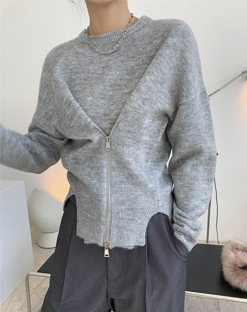 Design Grey O Neck Splicing Zipper Long Sleeve Sweater