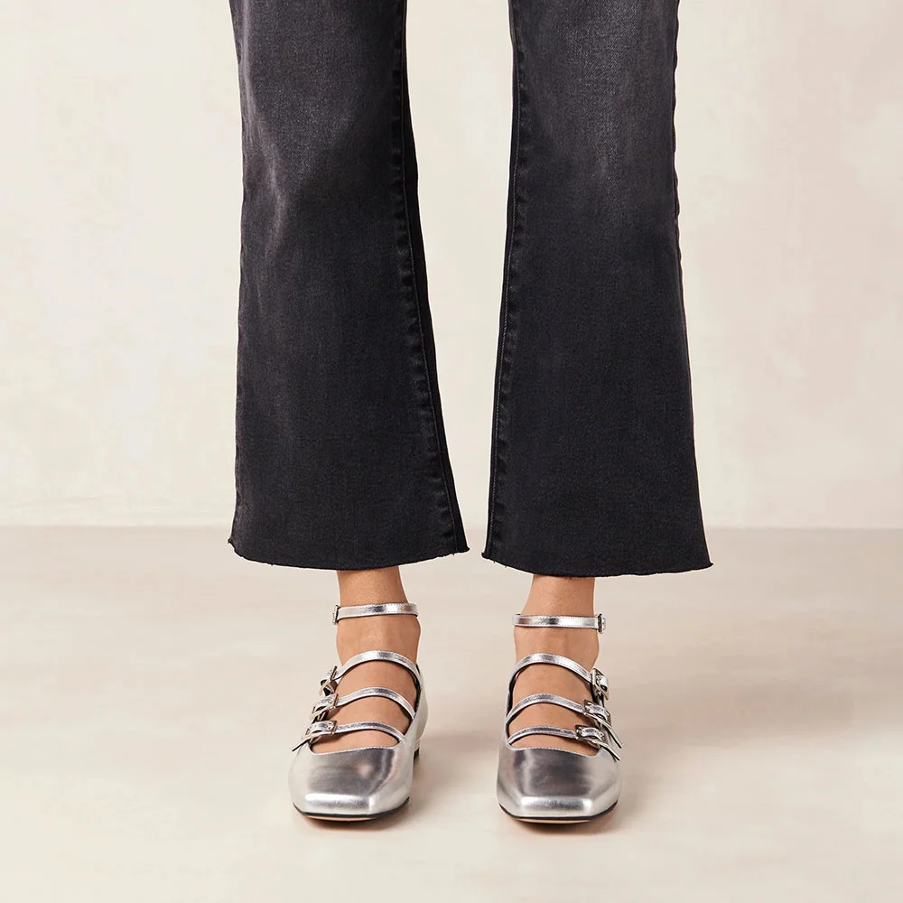 Metallic Silver Square Toe Strappy Flats Buckled Mary Jane Shoes