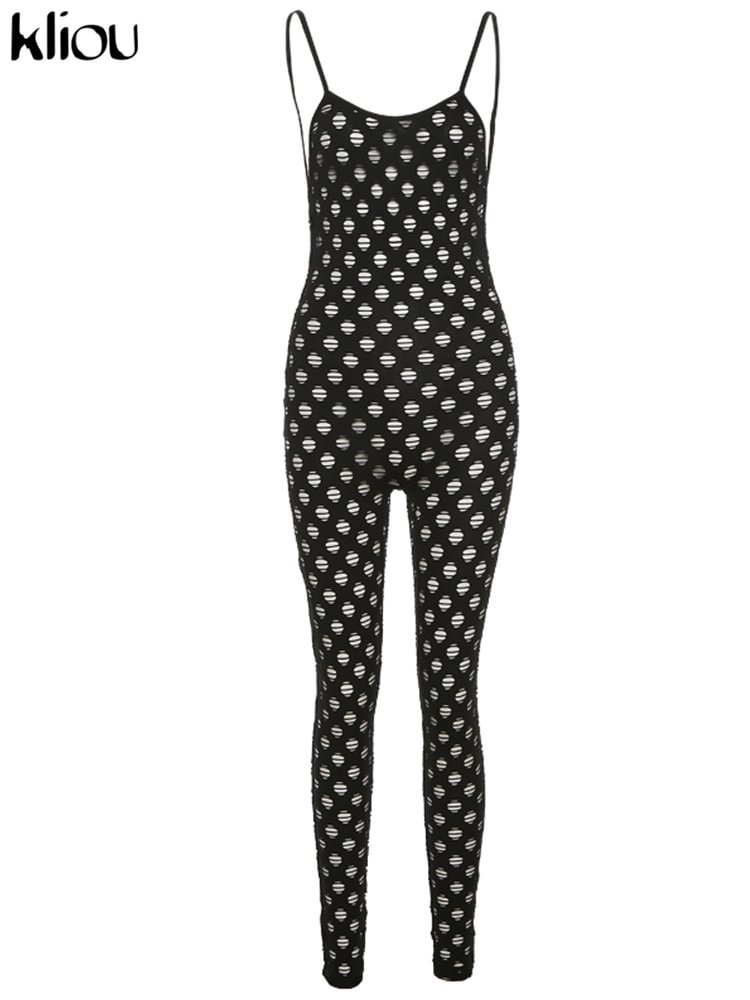 Woherb Kliou Hollow Out See Through Jumpsuit For Women Solid Sexy Sling ...
