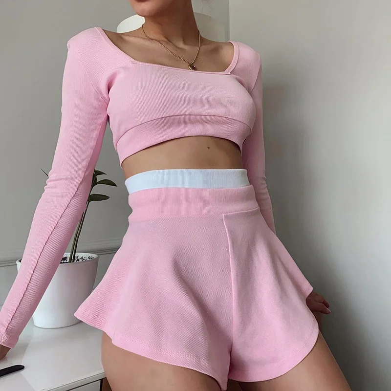 CANDY COLOR CASUAL CROP TOP AND SHORTS SET