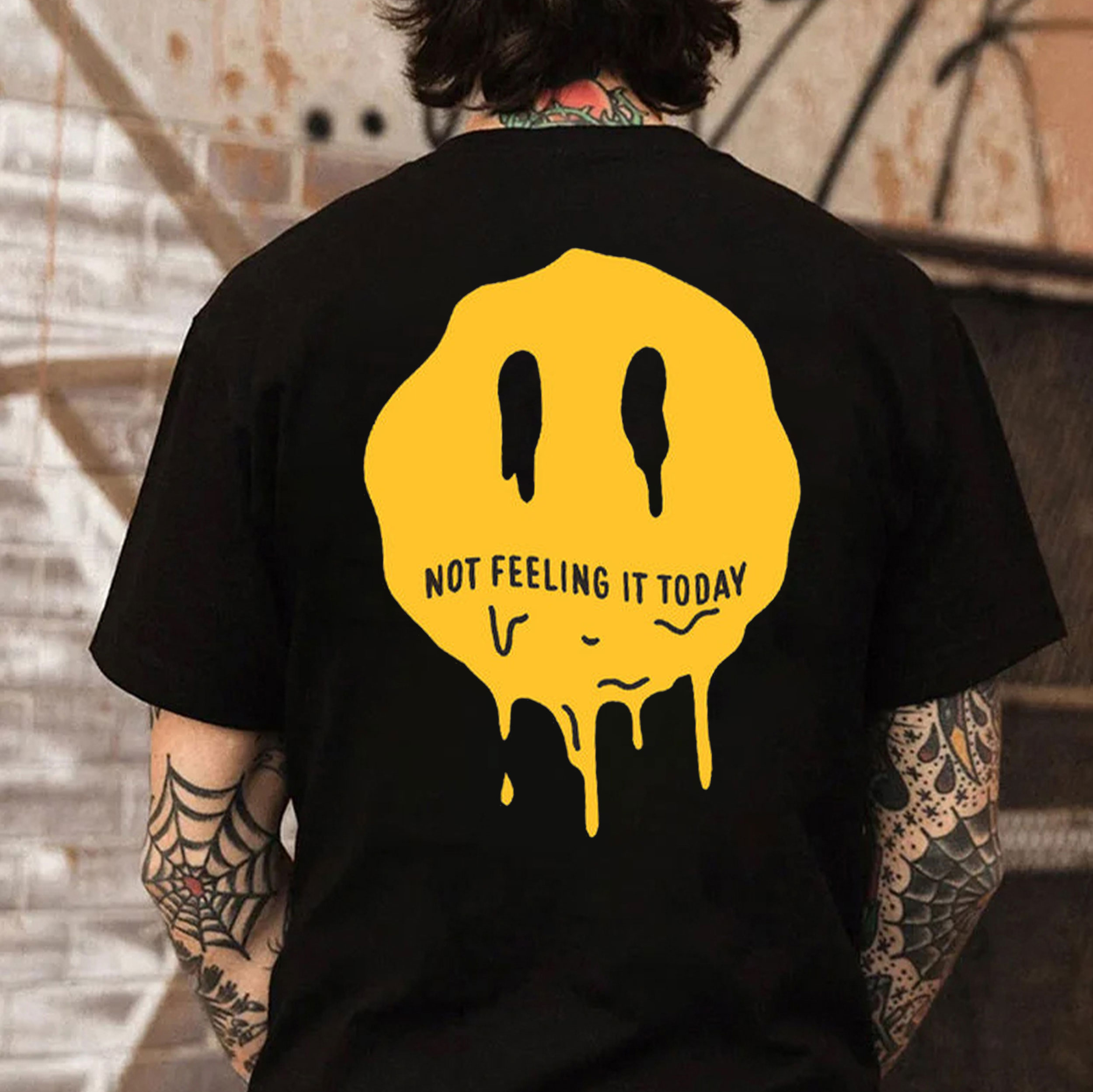 NOT FEELING IT TODAY Sweaty Emoji Black Print T-Shirt