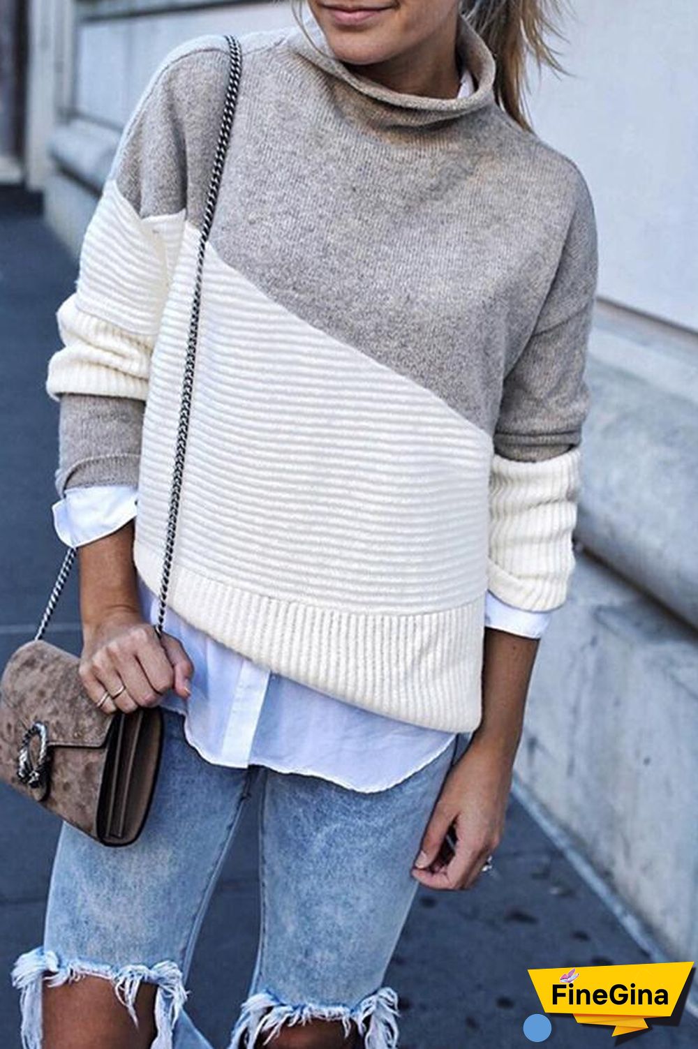 FineGina Irregular Stitching Contrast Sweater (4 Colors) P12394